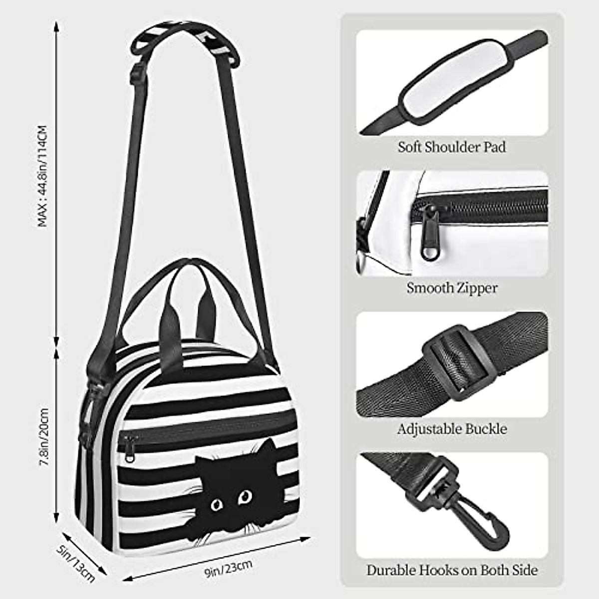 Cute Cat Black And White Striped Background Lunch Bag Funny Animal Kitten Reusable Insulated Lunch Tote Bag Lunchbox Container With Adjustable Shoulder Strap For Office Work School Picnic Travel