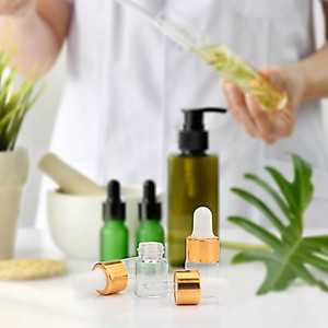 15Pcs Glass Essential Oil Dropper Bottles Clear Mini 1ml/2ml/3ml Perfume Dropping Bottle Cosmetic Sample Vials with Gold Cap and White Latex