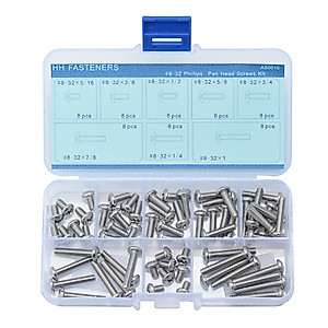 #8-32 UNC Phillips Pan Head Machine Screws Assortment Kit,Stainless Steel,Full Thread,8 Size (64 Piece)