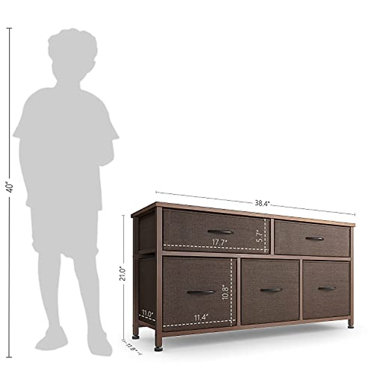 CubiCubi Dresser for Bedroom, Tall Wide Storage Organizer 5 Drawer Dresser for Bedroom Hallway, Sturdy Steel Frame Wood Top, Brown