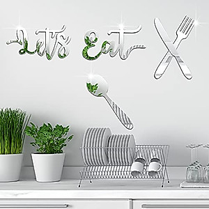 Let's Eat 3D Mirror Wall Stickers Acrylic Kitchen Wall Decals Decoration Removable Fork Spoon Knife Sign DIY for Restaurant Dining Room (Elegant Style)