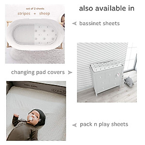 Cuddly Cubs Fitted Crib Sheets Set – 2 Pack – Jersey Cotton Crib Mattress Sheets for Baby Boy, Girl Crib – Grey Stripes, Sheep Toddler Bed Sheets – Fits on Standard 28 x 52 Crib and Toddler Mattress