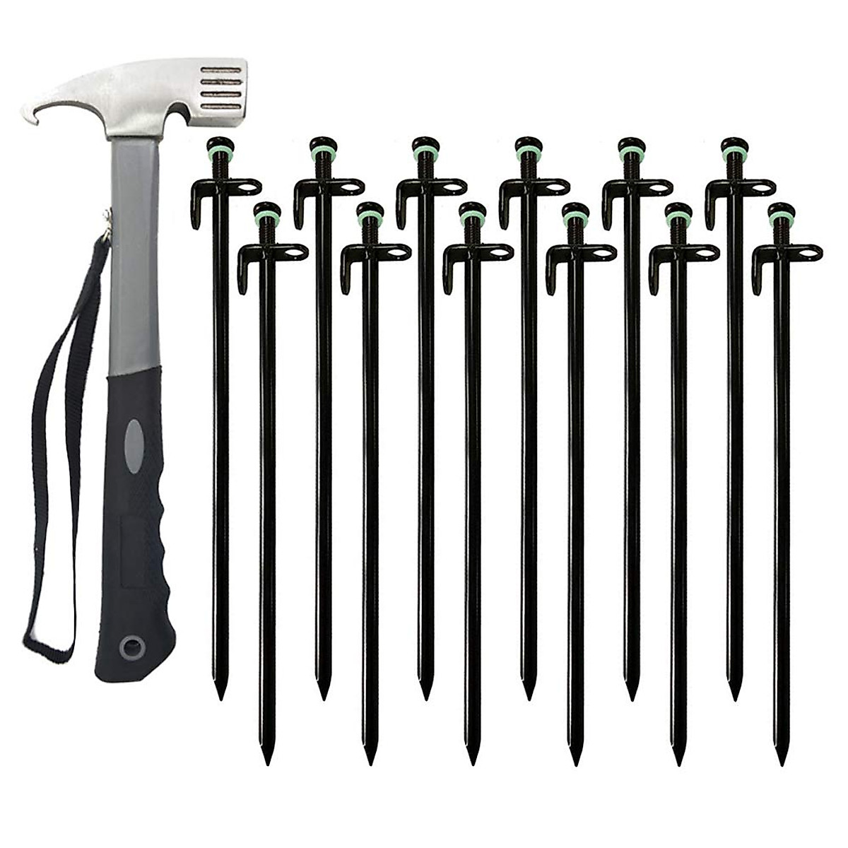Linwnil Tent Stakes Camping Hammer Accessories Set, 12Pcs Heavy Duty 12in Tent Stakes, 1Pce Camping Hammer (Gray) Forged Steel Unbent Tent Pegs-Ideal Camping Stakes for Rocky/Hard Places