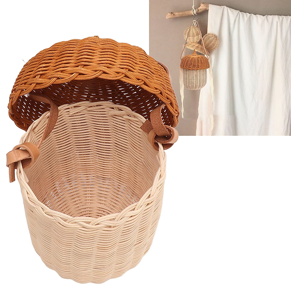 Zerodis Kids Rattan Storage Basket, Cute Photography Props Exquisite Hand Woven Decorative Rattan Basket Bag Acorn Shaped for Home (Large Handbag)