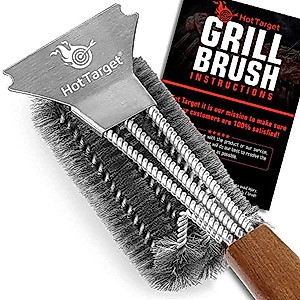 HOT Target 18" Super Sturdy Grill Brush and Scraper with Safe Extended Acacia Wooden Handle and Stainless-Steel Bristles No Scratch Cleaning for Any Grill: Char Broil & Ceramic