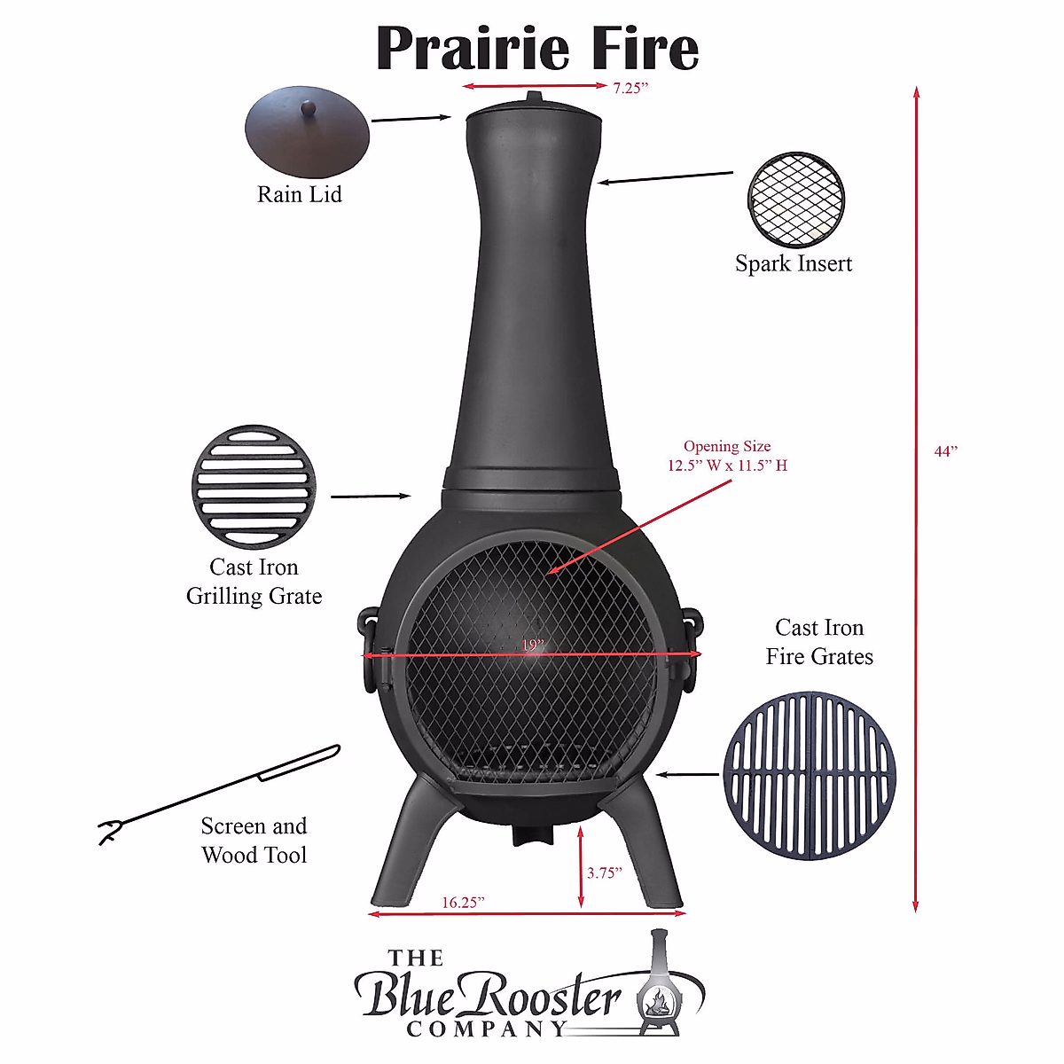 The Blue Rooster Prairie Fire Chiminea Outdoor Fireplace - Wood Burning Cast Aluminum Deck or Patio Firepit
