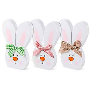 Easter Decorations for the Home, hogardeck 3 Pcs Easter Bunny Table Decor, Wood Sign Rabbit Block Set with Plaid Dot Burlap Bow Wooden Signs Table Centerpiece Farmhouse Decor for Party Fireplace Tiered Tray Tabletop