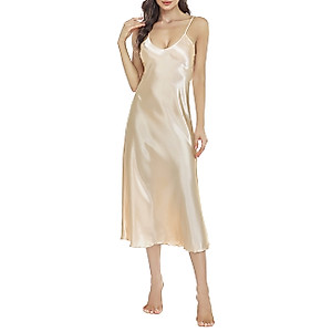 Vlazom Women Sexy Lingerie Satin Nightgown Silk Chemise Mini Slips V Neck Negligee Sleepwear with Adjustable Straps Champagne Yellow Size X-Large
