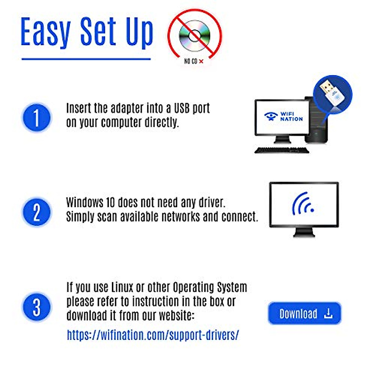 WiFi Nation® WiFi Dongle Mini 802.11ac AC600 USB WiFi Adapter, chipset: Realtek RTL8811AU, Dual Band 2.4GHz or 5GHz, Windows, MacOS, Linux Supported - White