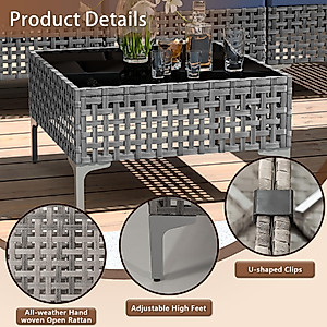 Piltwoff Patio Furniture Set,7 Piece Outdoor Sectional Sofa, Open-Weave Wicker Patio Conversation Sets with Navy Cushions & Glass Coffee Table for Balcony Porch Pool Deck,Grey Rattan