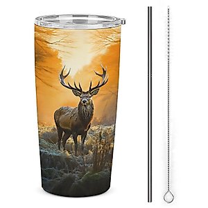 ZXDSKGYN 20 Oz Tumbler With Straw Leak Proof Thermos Cup, Deer In Forest Stainless Steel Insulated Travel Coffee Mug Fit for Car Cup Holder