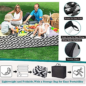 HOYJA Outdoor Plastic Straw Rug for Patio RV Camping 5 x 8ft Waterproof Black White Outdoor Area Rugs,Reversible Portable Large Floor Mat and Carpet for Oustide Deck Picnic Beach Trailer