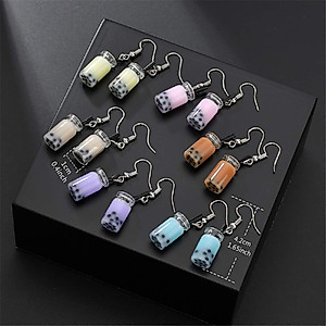 6 Pairs Creative Unique Bubble Boba Tea Dangle Earrings Funny Personality Milk Tea Drink Earring Colorful Glass Bottle Funny Earrings for Women Party Jewelry Gifts (6 Color)