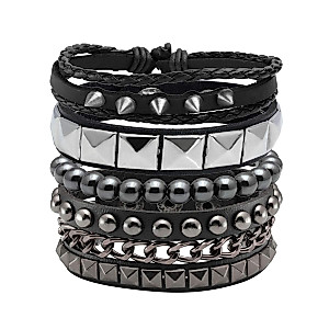 Eigso 4 Pcs Punk Leather Bracelet Hematite Black for Men Women Adjustable Spike Metal Cuff Bangle
