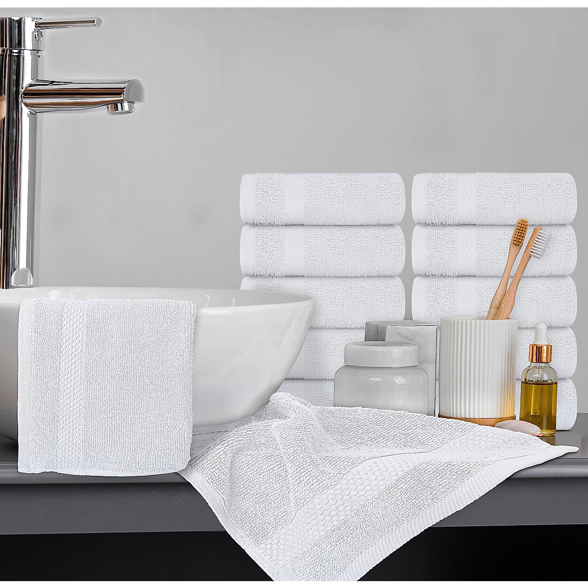 White Classic 2 Luxury White Bath Mats 22 x 34 and 12 Luxury White Washcloths 13 x 13 | Cotton, Highly Absorbent and Quick Dry for Hotels, Spa and Bathroom