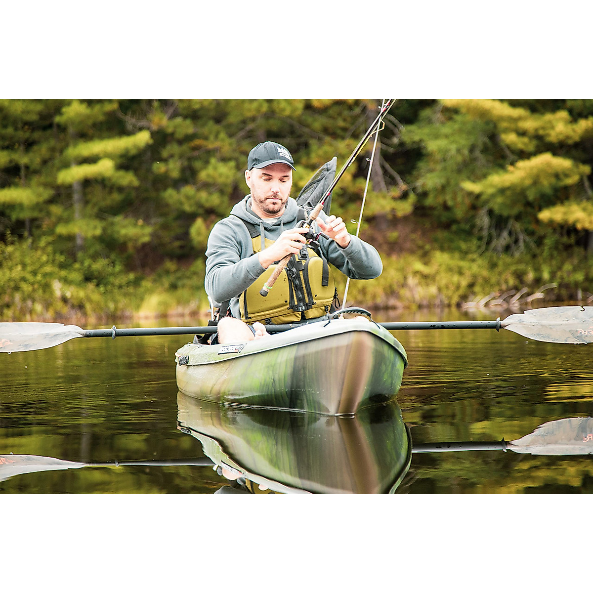 Pelican - Basscreek 100XP Fishing Kayak - Sit-On-Top Kayak - Lightweight one Person Kayak - 10 ft,Olive Camo