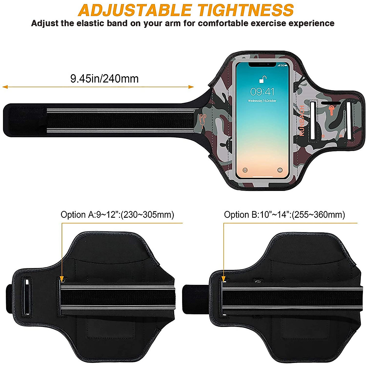 RUNBACH Armband for iPhone 13/13 Pro/12/12 Pro/11/XR,Camo Sweatproof Running Exercise Bag with Card Slot for iPhone 13,13 Pro,12,12 Pro,iPhone 11,iPhone XR (Woodland Camo)