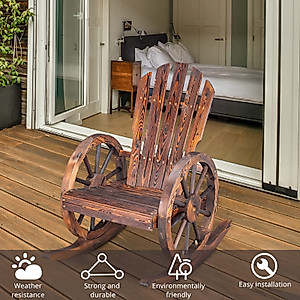 Ynredee Wooden Rocking Chair,Patio Rocker Chair with Slatted Design and Oversized Back Wagon Wheel Armrest for Porch,Poolside,Garden