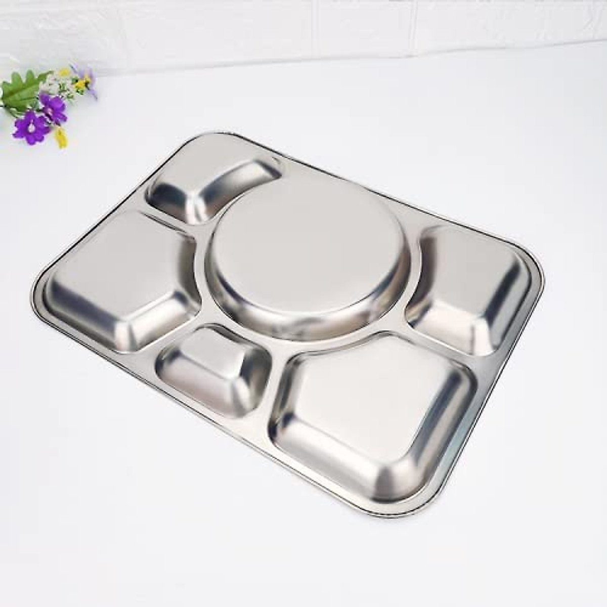 Hacaroa 4 Pack Stainless Steel Divided Dinner Plates, 15x10.6 Inches Snack Serving Plate with 6 Compartment, Metal Food Trays for Adults, Diet Food Portion Control, Picky Eaters