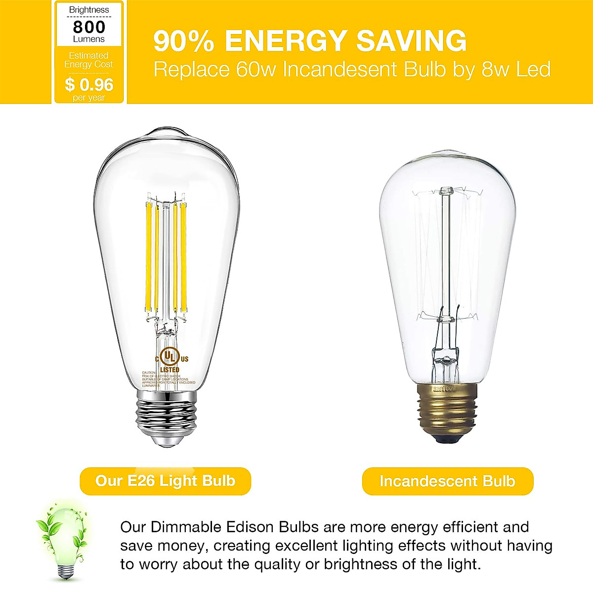 DAYBETTER 12 Pack Vintage LED Edison Bulbs, E26 Led Bulb 60W Equivalent, Dimmable Led Light Bulbs, High Brightness 800 LM Neutral White 4000K, ST58 Antique Filament Bulbs, Clear Glass Style for Home