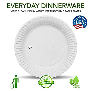 Stock Your Home 9-Inch Paper Plates Uncoated, Everyday Disposable Plates 9" Paper Plate Bulk, White, 500 Count