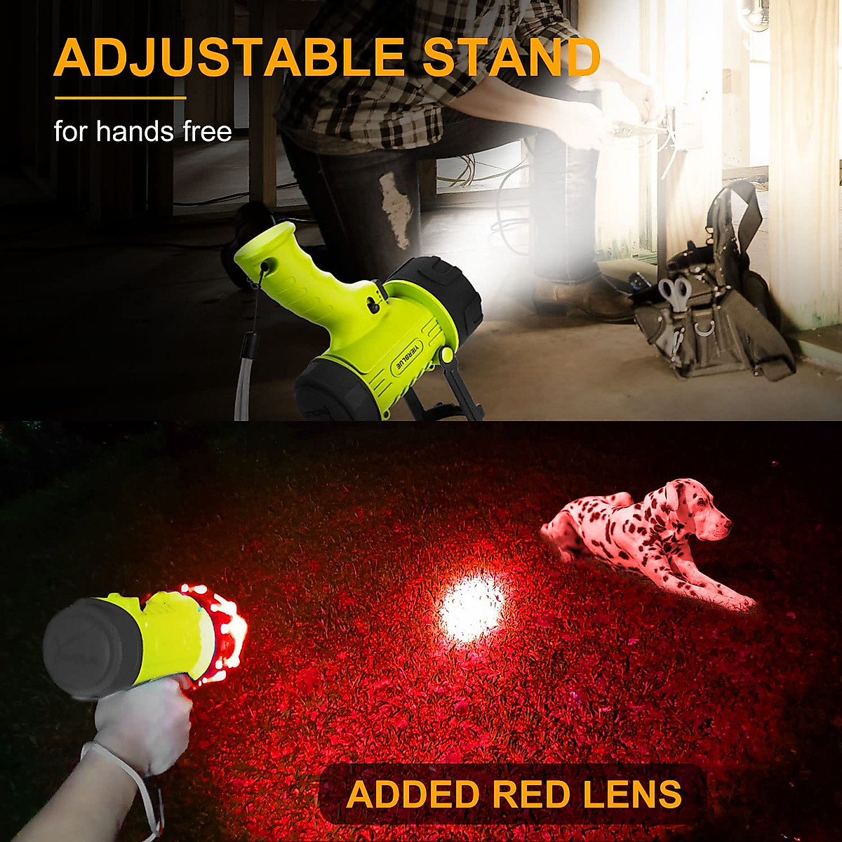 YIERBLUE Rechargeable Spotlight Flashlight with 1000,000 Lumen LED, IP67 Waterproof Long Running Spot Light searchlight, Impact Resistant Handheld Spotlight with Foldable Stand and Detachable Red Lens