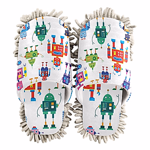 Microfiber Cleaning Slippers Cute Robots Washable Mop Shoes Slipper for Men/Women House Floor Dust Cleaner, Size M