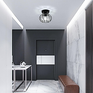 DELIPOP Semi Flush Mount Ceiling Light, Dimmable Small Metal Cage Hallway Light Fixtures Ceiling Lamps, Farmhouse Ceiling Light Fixture, Industrial Crystal Chandelier for Corridor Bathroom Kitchen