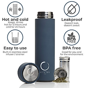 Pure Zen Tea Thermos with Infuser - Stainless Steel Insulated Tea Infuser Tumbler for Loose Leaf Tea, Iced Coffee and Fruit-Infused Water - Leakproof Tea Tumbler With Infuser - 15oz - Blue