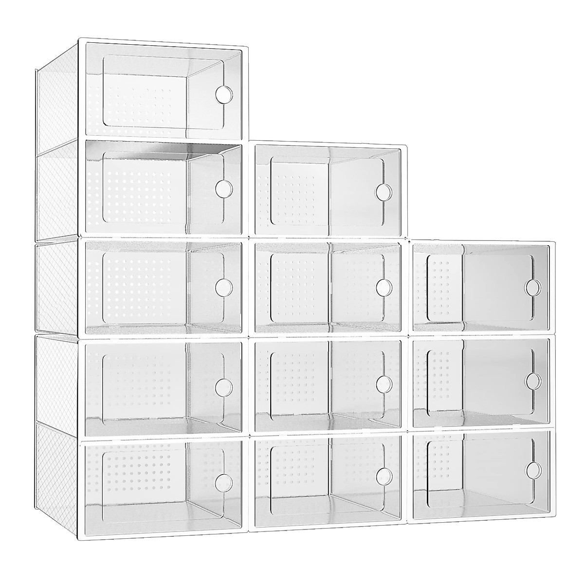 Hourleey 12 Pack Shoe Storage Box, Clear Plastic Stackable Shoe Organizer for Closet, Space Saving Foldable Shoe Rack Sneaker Containers Holders with Lids