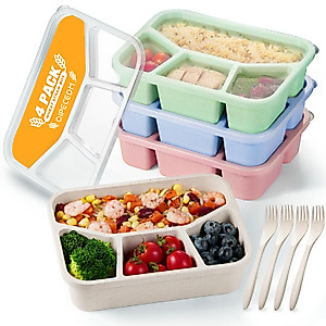 Qipecedm 4 Pack Bento Lunch Box, 4 Compartment Wheat Straw Meal Prep Containers for Kids/Toddle/Adults, BPA Free Reusable Food Snack Storage Containers, Durable Bento Box for School, Work and Travel