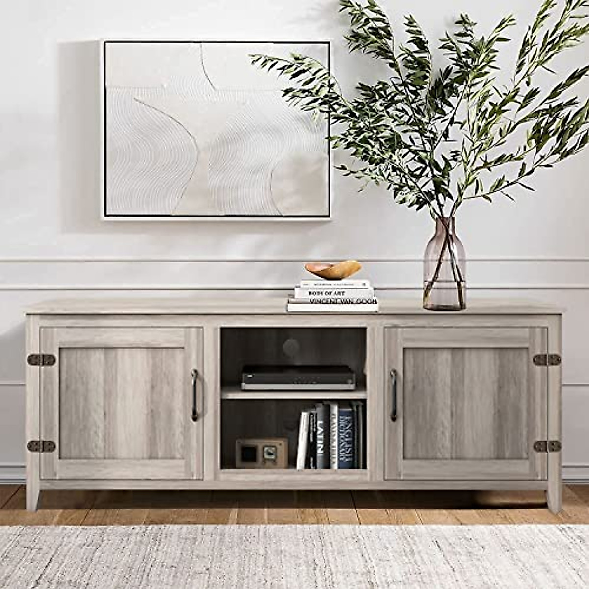 WESOME TV Stand for 50/55/60/65/70/75/80 TVs, Large Farmhouse Barn Door Wooden Media Console with Adjustable Shelves, Rustic TV Console Table Cabinet for Living Room Bedroom 70 Inch (Grey Wash)