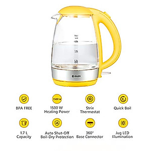 iSiLER 1500W Electric Kettle, 1.7 L Electric Tea Kettle with LED Indicator, Cordless Electric Glass Hot Water Boiler, Portable Teapot Heater Auto Shut-Off & Boil-Dry Protection BPA-Free Yellow
