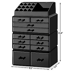 HBlife Makeup Organizer Acrylic Cosmetic Storage Drawers and Jewelry Display Box with 12 Drawers, 9.5 x 5.4 x15.8 Inches, Black