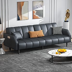 COPIAE Leather Futon Sofa Bed Couch, Piano Key Design 78“ Faux Leather Sofa, Adjustable Backrest, Sleeper Sofa Couch, Modern Decor Love Seat Couches, Upholstered Loveseat for Living Room, Grey