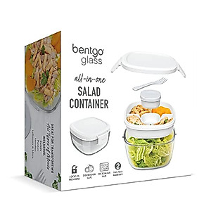 Bentgo® Glass All-in-One Salad Container - Large 61-oz Salad Bowl, 4-Compartment Bento-Style Tray for Toppings, 3-oz Sauce Container for Dressings, and Built-In Reusable Fork (White)