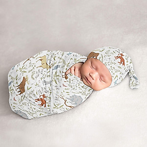 Sweet Jojo Designs Woodland Animal Toile Baby Boy or Girl Cocoon and Beanie Hat 2pc Set Jersey Stretch Knit Sleeping Bag for Infant Newborn Nursery Sleep Wrap Sack - Grey Green Forest Bear Deer Fox