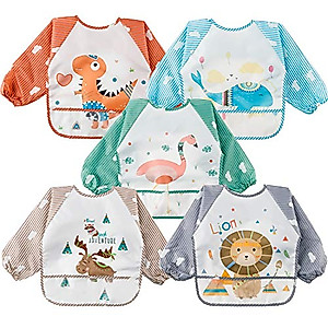 R HORSE 5Pcs Long Sleeved Bib for Babies Toddlers Waterproof Sleeved Bib with Great Capacity Pocket Gift for Baby 6-36 months