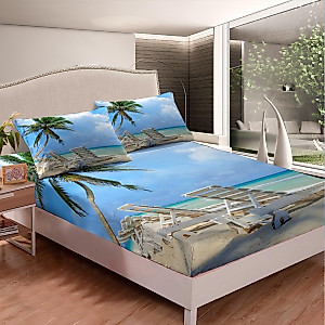 Erosebridal Hawaii Beach Bed Sheets Set Full Size, Tropical Sheets, Ocean Beach Decor Sheets, Palm Tree Flat Fitted Sheet, Summer Holiday Style Sheet Set, Coastal Bedding Bedroom Decor, 4Pcs