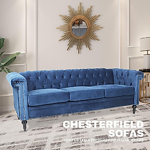 KUVENQIW Modern Chesterfield Sofa Fabric Couch.Button Tufted Nailhead upholstered Three-Seater Sofa for Living Room, Bedroom, Office Lounge.Comfortable and Durable.(Blue)