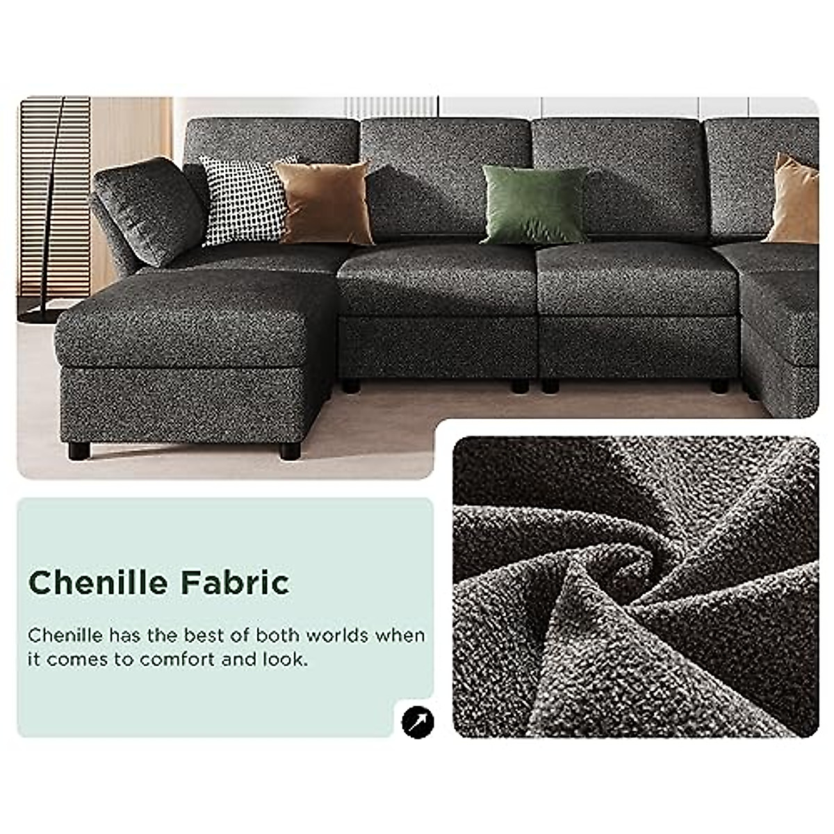 VanAcc Sectional Couch, Modular Sectional Sofa, 6 Seats Sofa- U Shaped sectional with Ottomans, Reversible Sofa Couch for Living Room, Grey Chenille