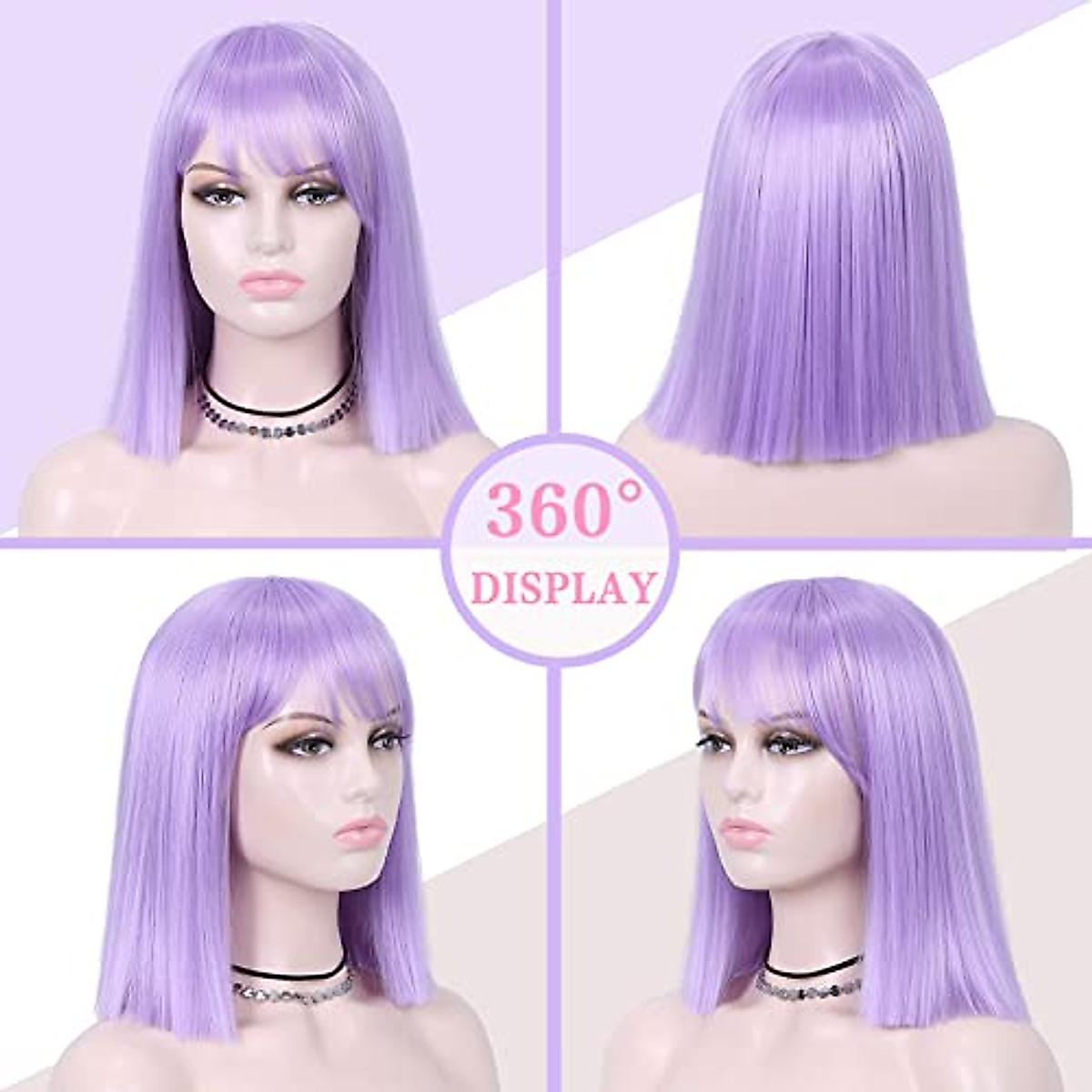 WIGER Purple Bob Wigs Straight Purple Wig with Hair Bangs Short Bob Wigs Shoulder Length Bob Wig Synthetic Hair for Women Cosplay Wig