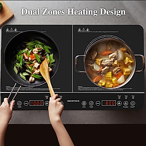 Double Induction Cooktop,1500W/1800W Portable Electric Stove,2 Large 8” Heating Coils,Independent Control,8/10 Temperature & Power Levels,3-hour Timer, Safety Lock