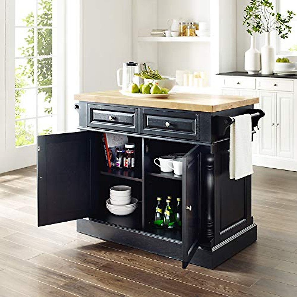 Crosley Furniture Oxford Natural Wood Top Kitchen Island, Black