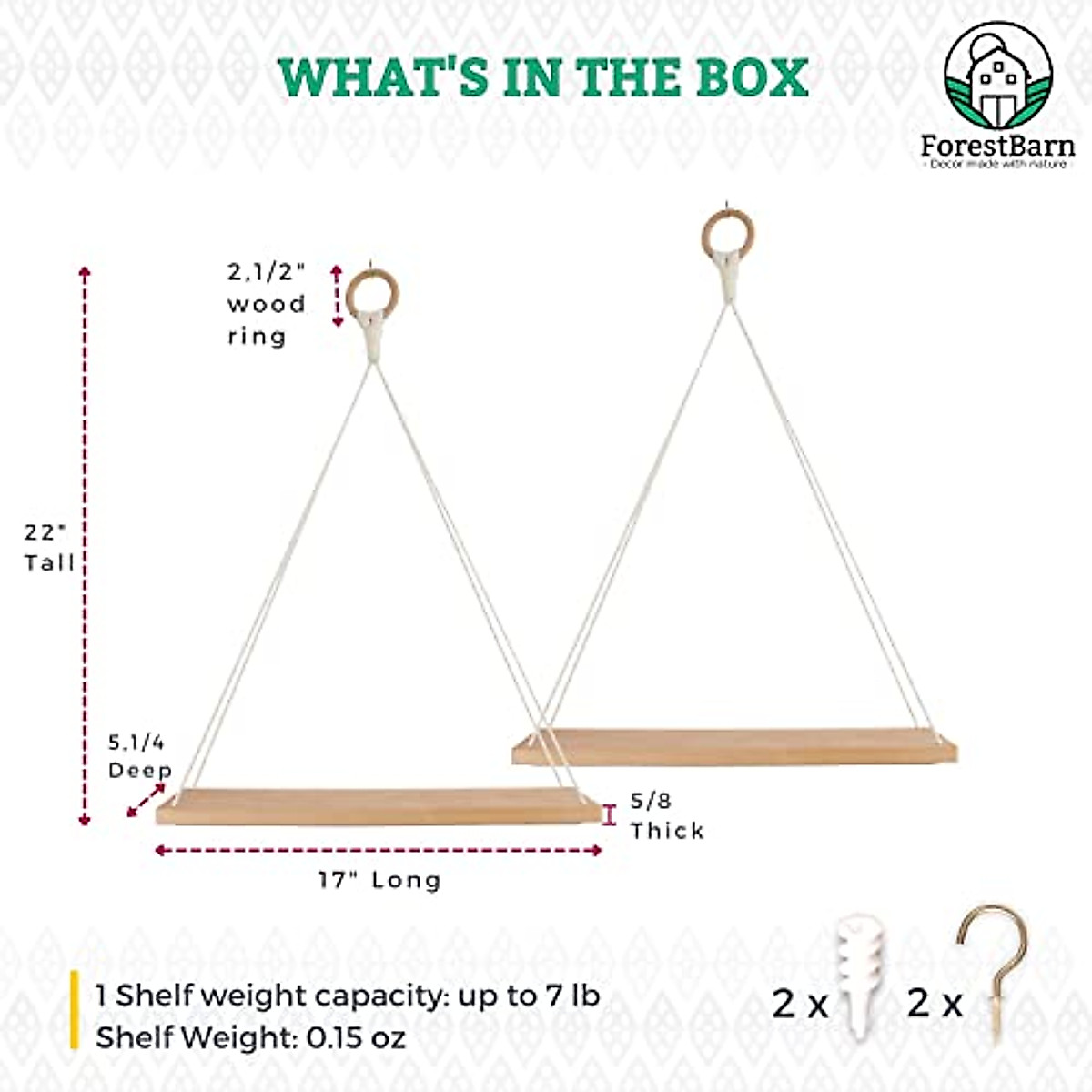 FORESTBARN Hanging Shelves - Set of 2 - Macrame Wall Hanging Shelf - Shelves for Bedroom - Floating Shelves for Wall - Plant Shelf Indoor Wall - Bedroom Wall Decor, Boho Wall Decor Shelves…