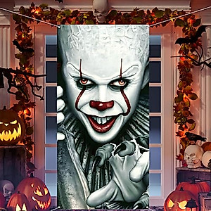 Scary Creepy Horror Movie Character Pennywise Door Cover Clown Joker Photo Backdrop Classic Horror Halloween Party Decorations and Supplies for Home