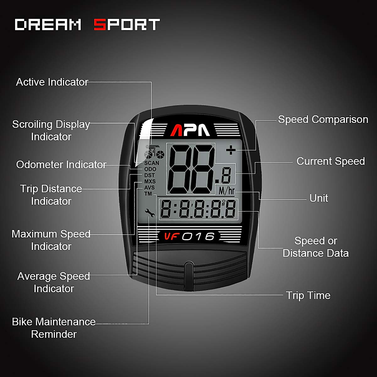 DREAM SPORT Bike Computer Bicycle Speedometer and Odometer 16-Function Wired Bike Computer Waterproof DCY016 Black