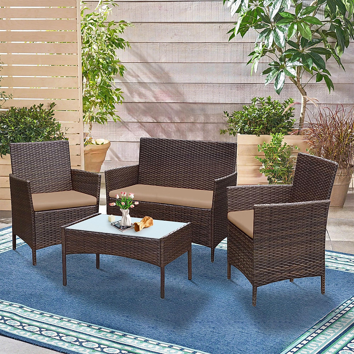 PROHIKER 4 Piece Outdoor Wicker Patio Conversation Furniture Set, Rattan Chair Wicker Sofa Garden Conversation Sets with Cushion and Glass Table for Yard Pool or Backyard, Brown/Khaki