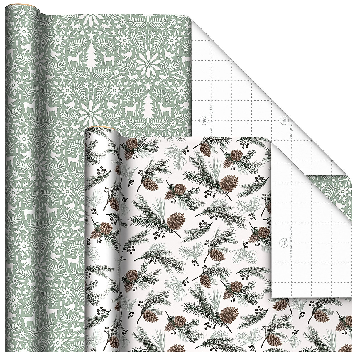 Hallmark Recyclable Neutral Christmas Wrapping Paper (4 Rolls: 100 Sq. Ft. Ttl) White and Sage Green Evergreen Pinecones, Rustic Snowmen, Plaid, Nordic Deer and Foliage