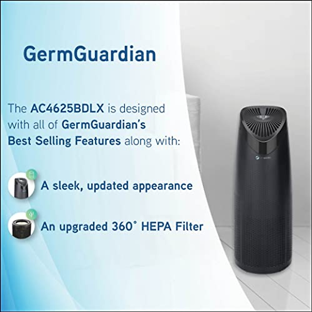 Germ Guardian Air Purifier with HEPA Filter,Removes 99.97% of Pollutants,Covers Large Room up to 750 Sq. Foot Room in 1 Hr,UV-C Light Helps Reduce Germs,Zero Ozone Verified,22',Black,AC4625BDLX